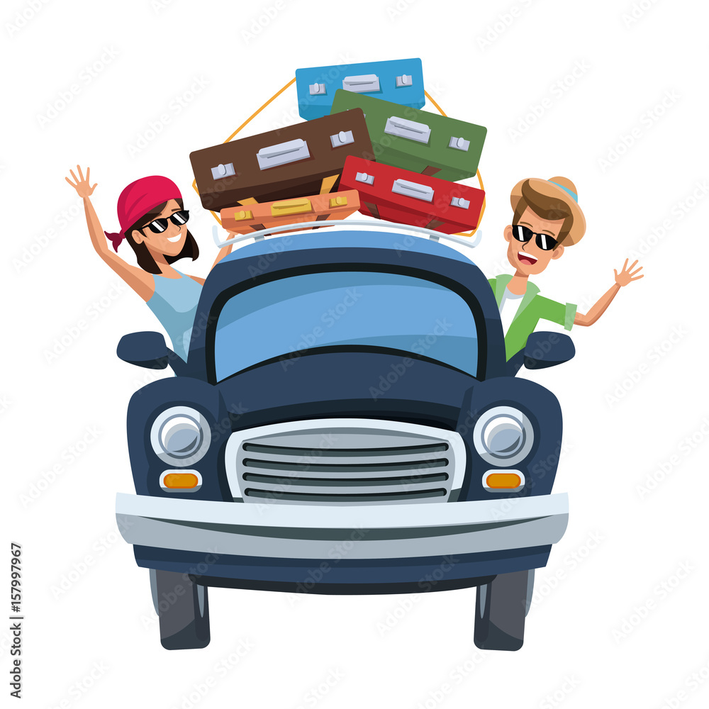 cartoon character travelers with vintage car with luggage on top vector ...
