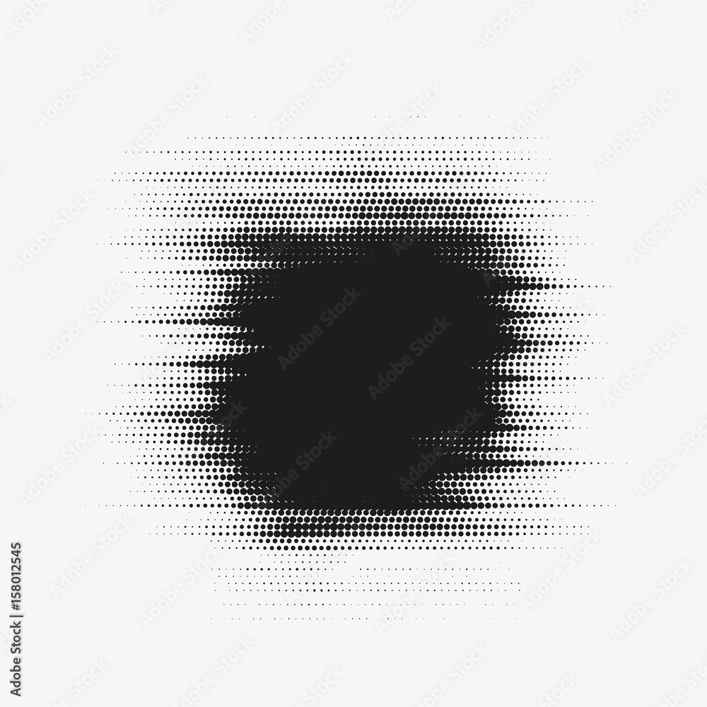 Glitched vector halftone stain. Black blot made of round particles ...