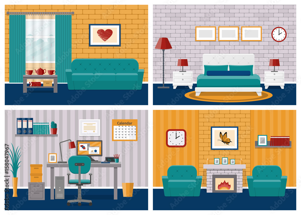 Rooms interiors. Living room, bedroom, hotel, office workspace in flat ...