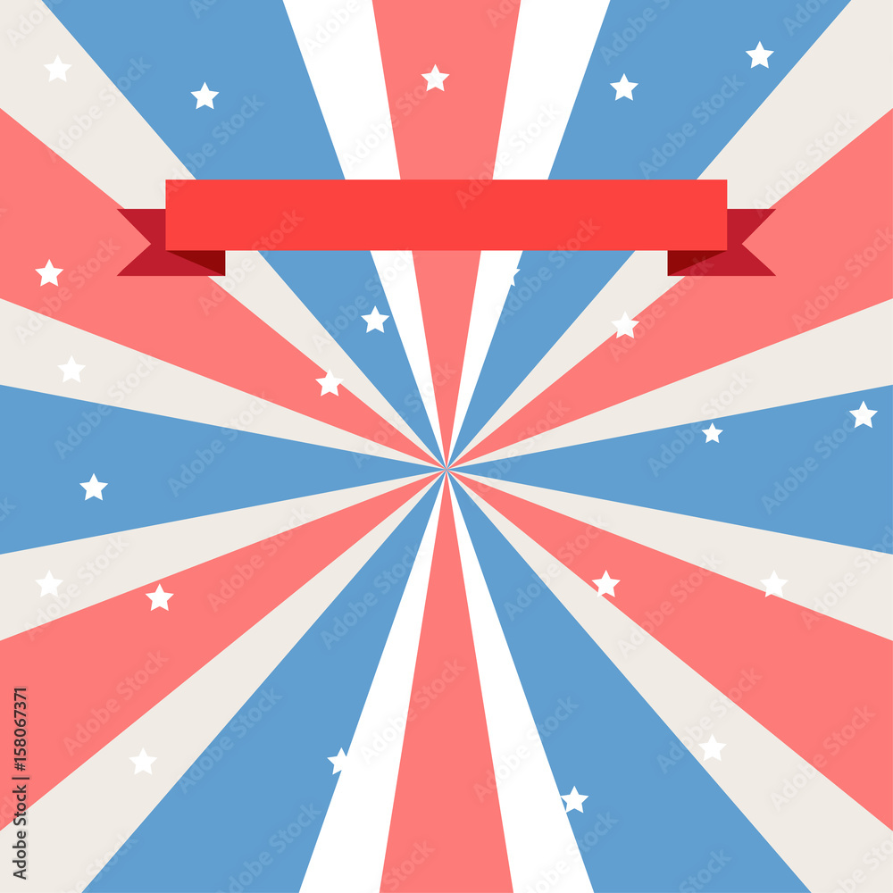 Patriotic background with red ribbon and stars. Red and Blue color sun ...