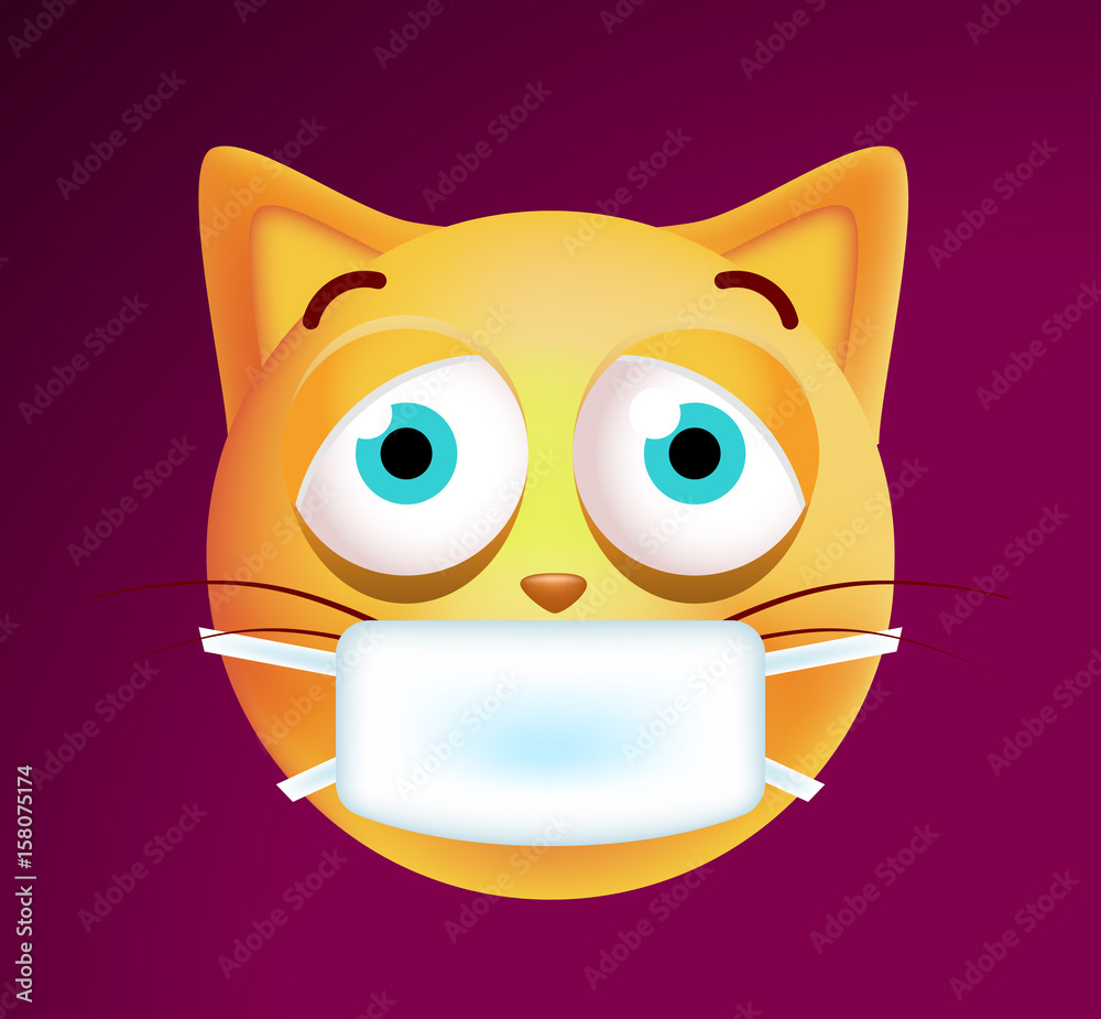 Cute Sick Emoticon Cat on Black Background. Isolated Vector ...