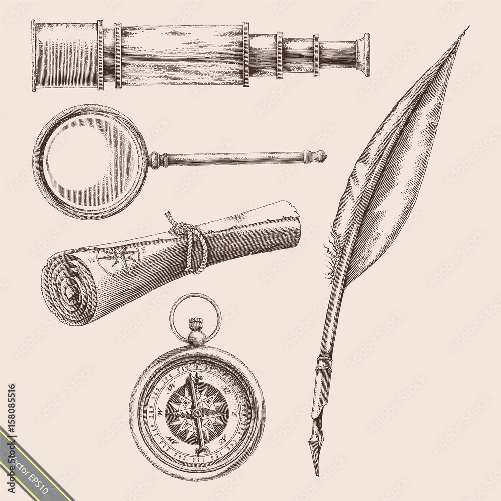 Vintage compass, quill pen, Magnifying glass,binoculars and old map ...