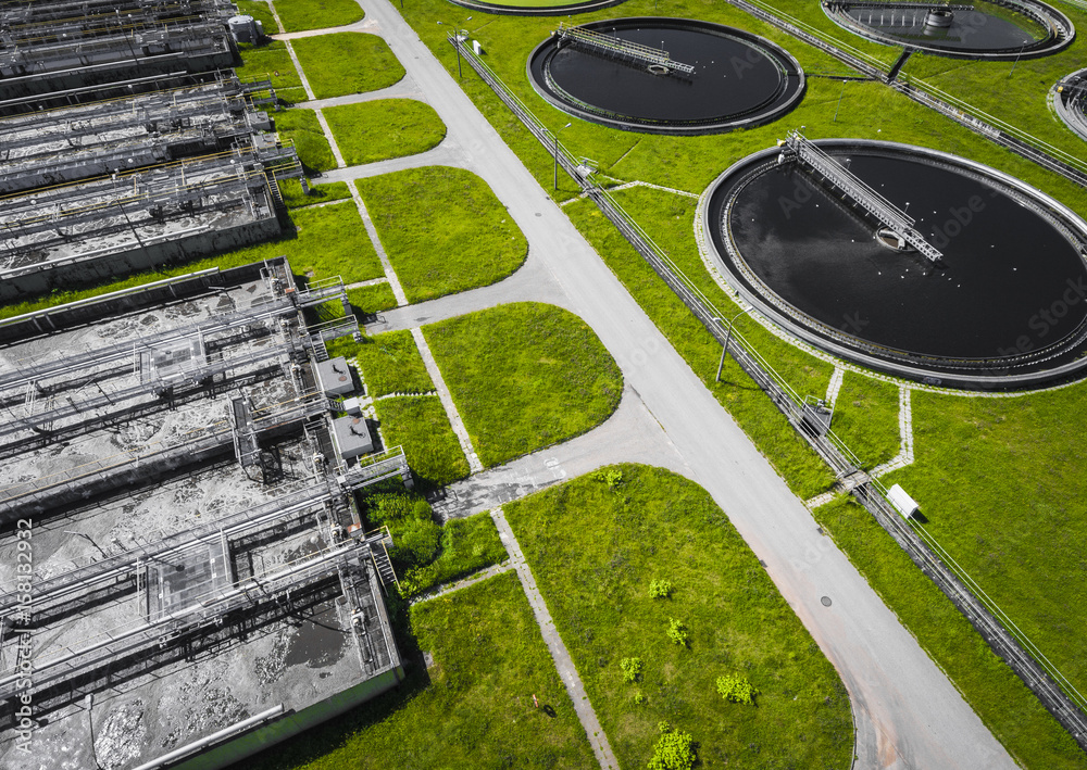 Sewage farm. Static aerial photo looking down onto the clarifying tanks ...