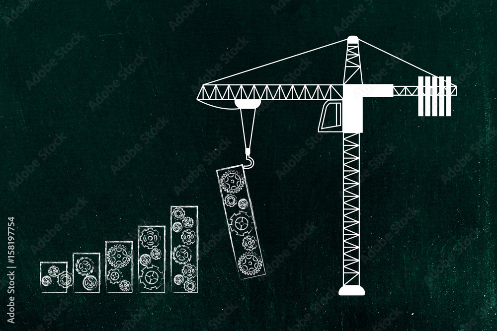 tower crane building bar graph with gearwheels Stock Illustration ...