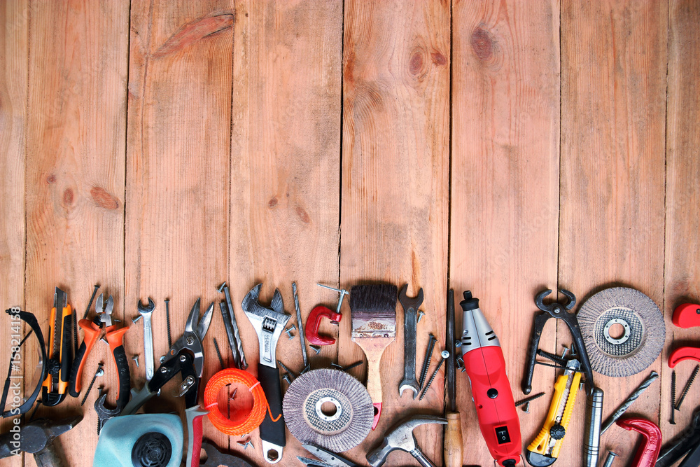 industrial tools on light wooden background with copy space. top view ...