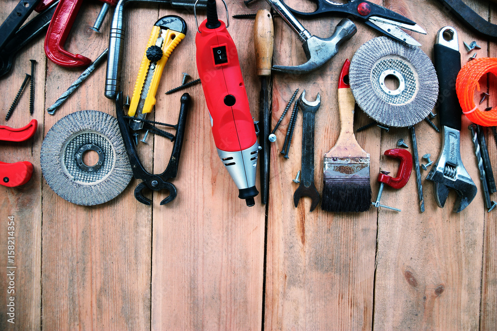 industrial tools on light wooden background with copy space. top view ...