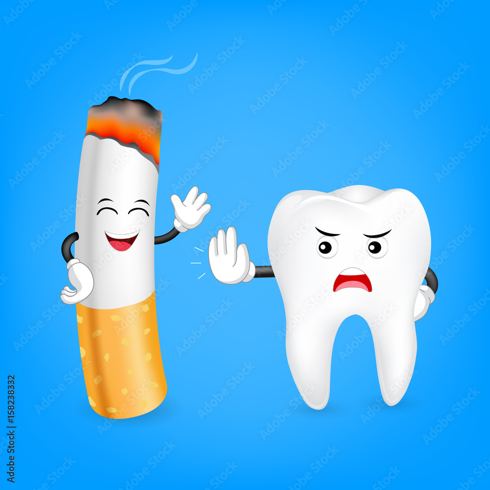 Cute cartoon tooth and cigarette character. No smoking, dental care ...