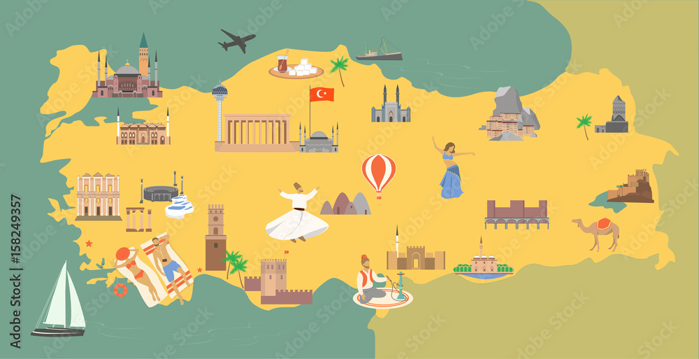 Map of turkey with main sights for tourists. Turkish attraction. Stock ...