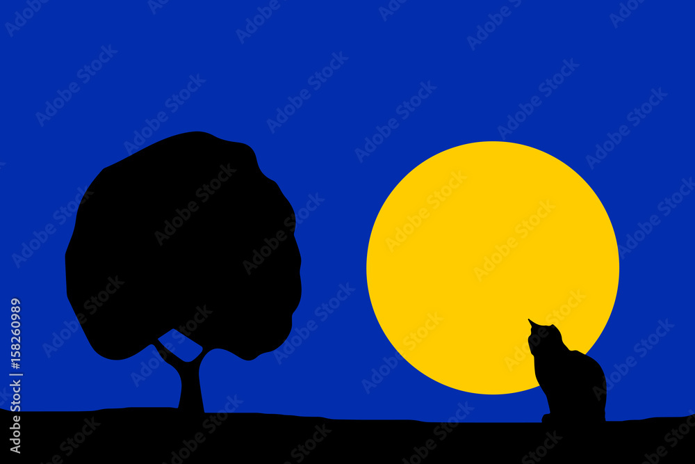 nature illustration - night moon cat silhouette and tree with blue sky ...