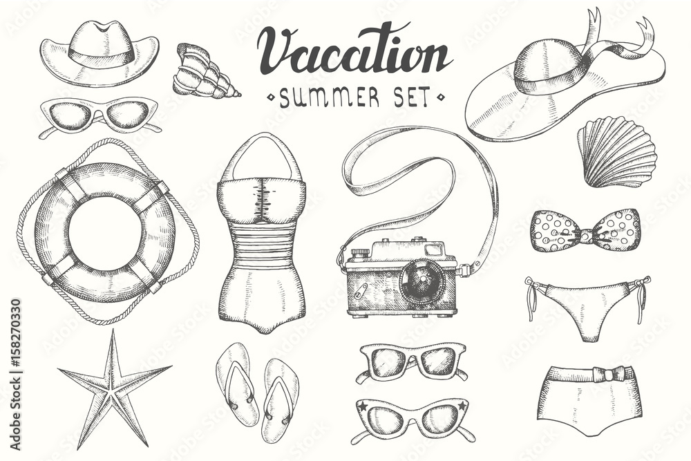 Summer set with hand drawn doodle vintage objects. Sketch, lettering ...