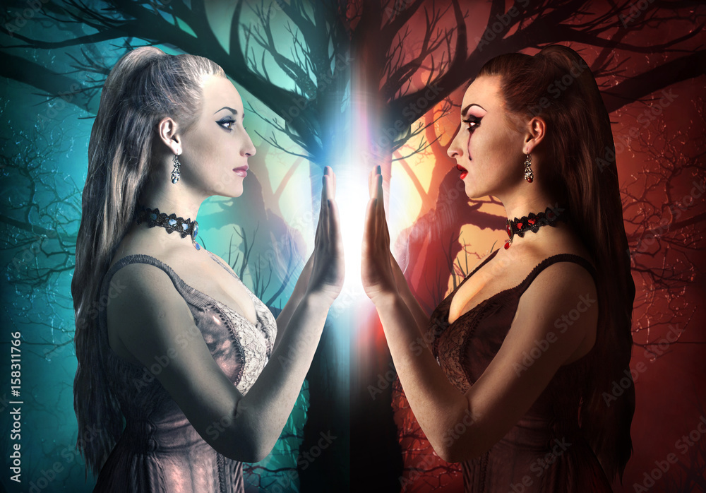 Two sides of a human being. Evil and kind sides of a woman photo. Stock ...