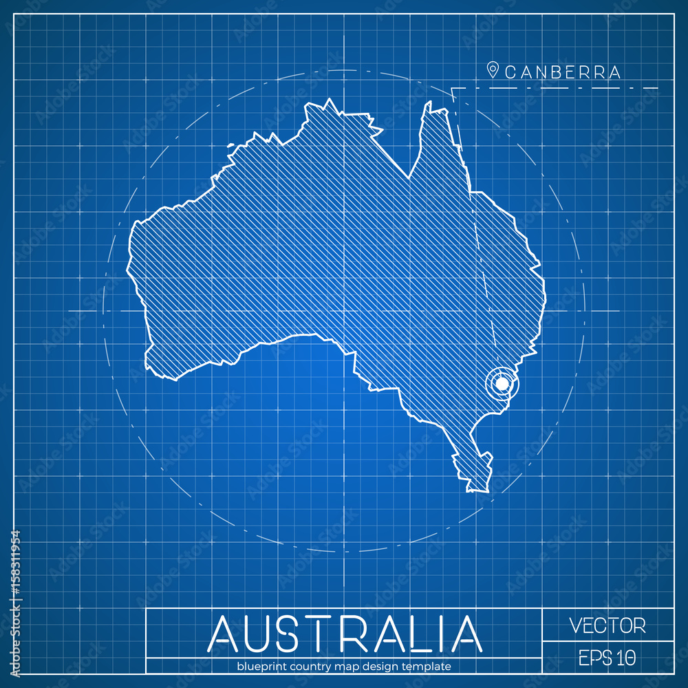 Australia blueprint map template with capital city. Canberra marked on ...
