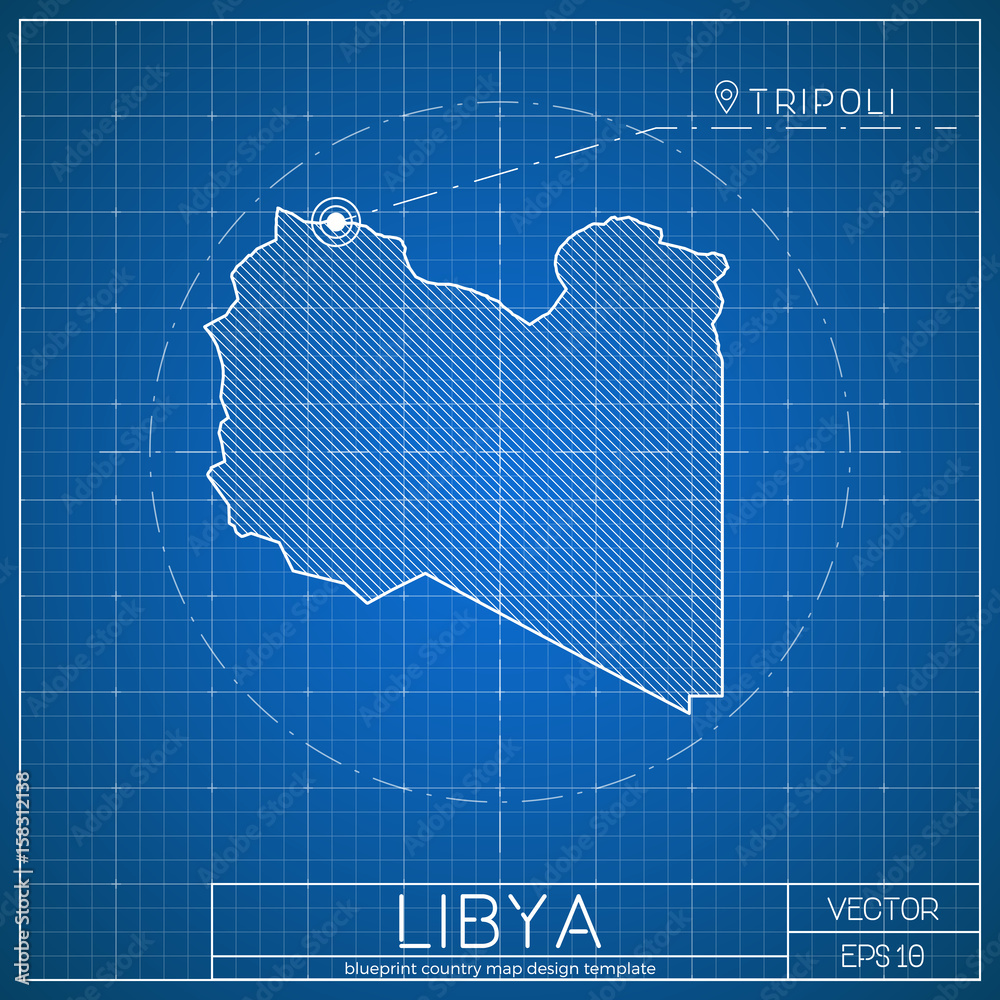 Libya blueprint map template with capital city. Tripoli marked on ...