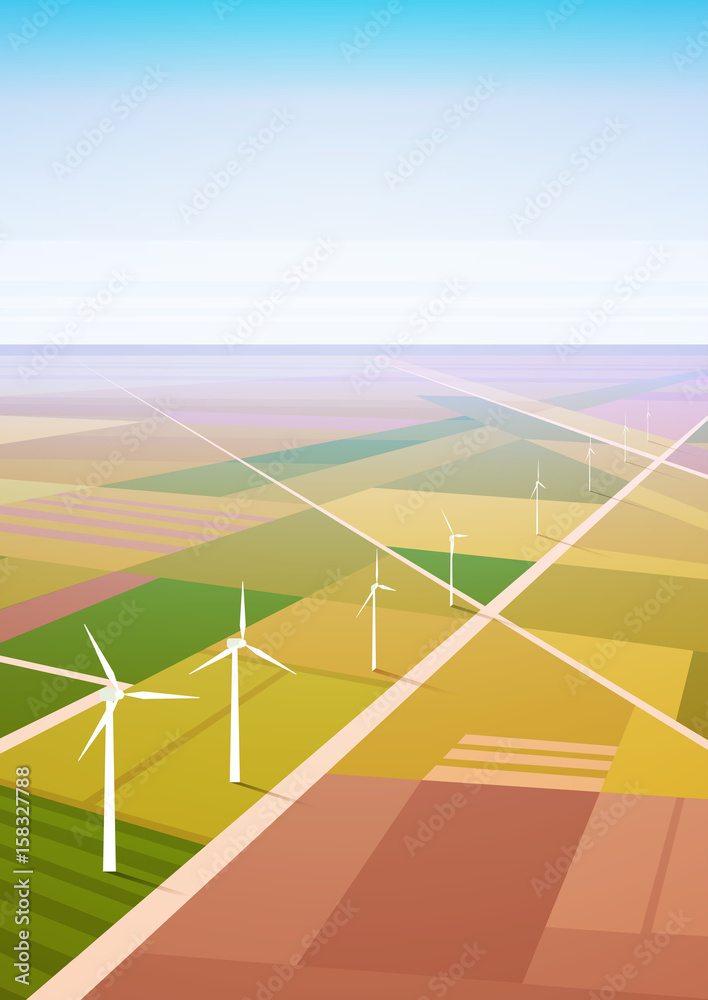 Wind Turbine Energy Renewable Station Field Background Flat Vector ...