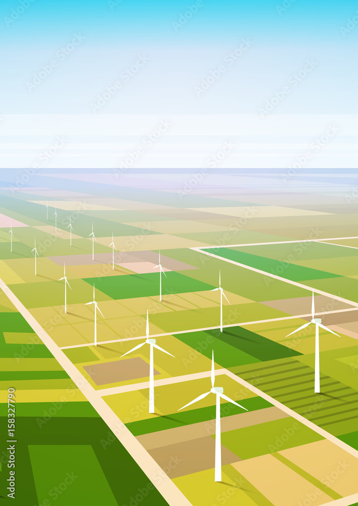 Wind Turbine Energy Renewable Station Field Background Flat Vector ...