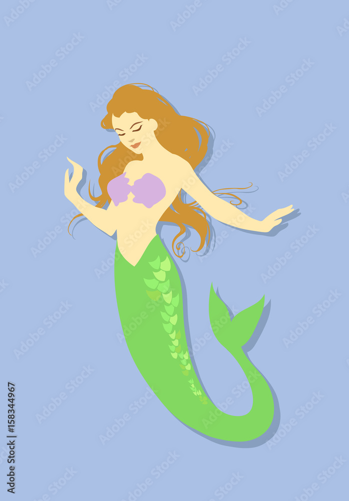 Cartoon flat illustration of a beautiful sea mermaid lady with green ...