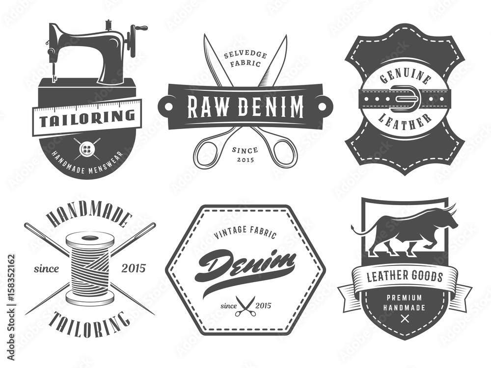 Vintage tailoring denim labels. Set of logos for tailoring, leather and ...