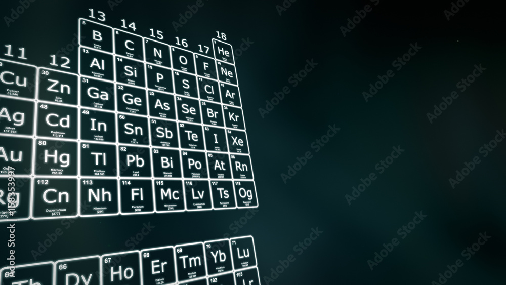 Periodic table of the Elements in white on a dark green background ...