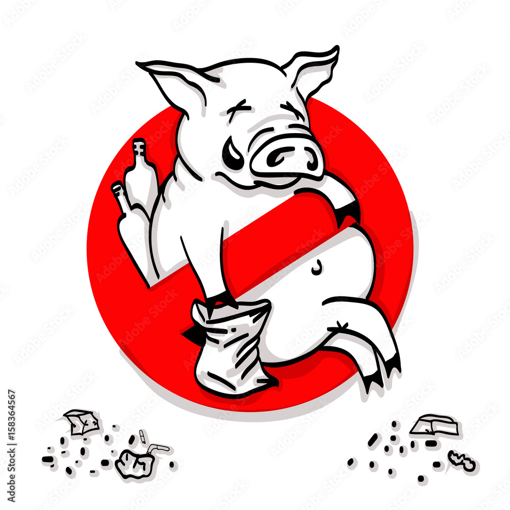 Pig line icon in prohibition red circle, No littering ban sign ...