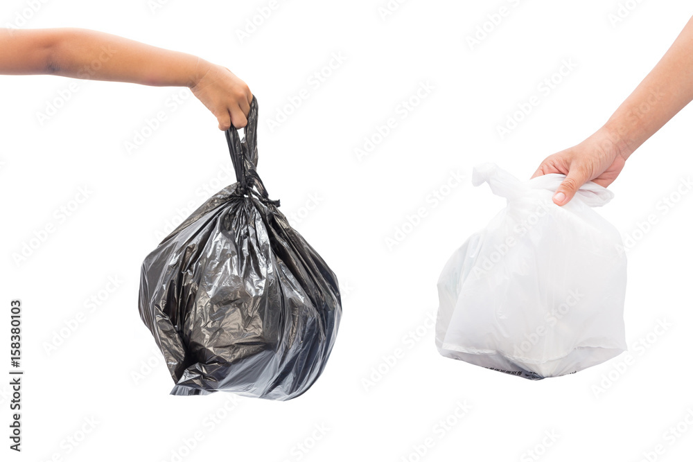 Female and children hand holding garbage bag isolated on white ...