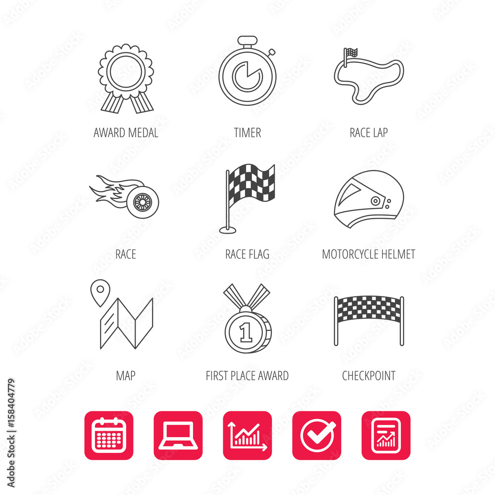 Race flag and speed icons. Winner medal, motorcycle helmet and timer ...
