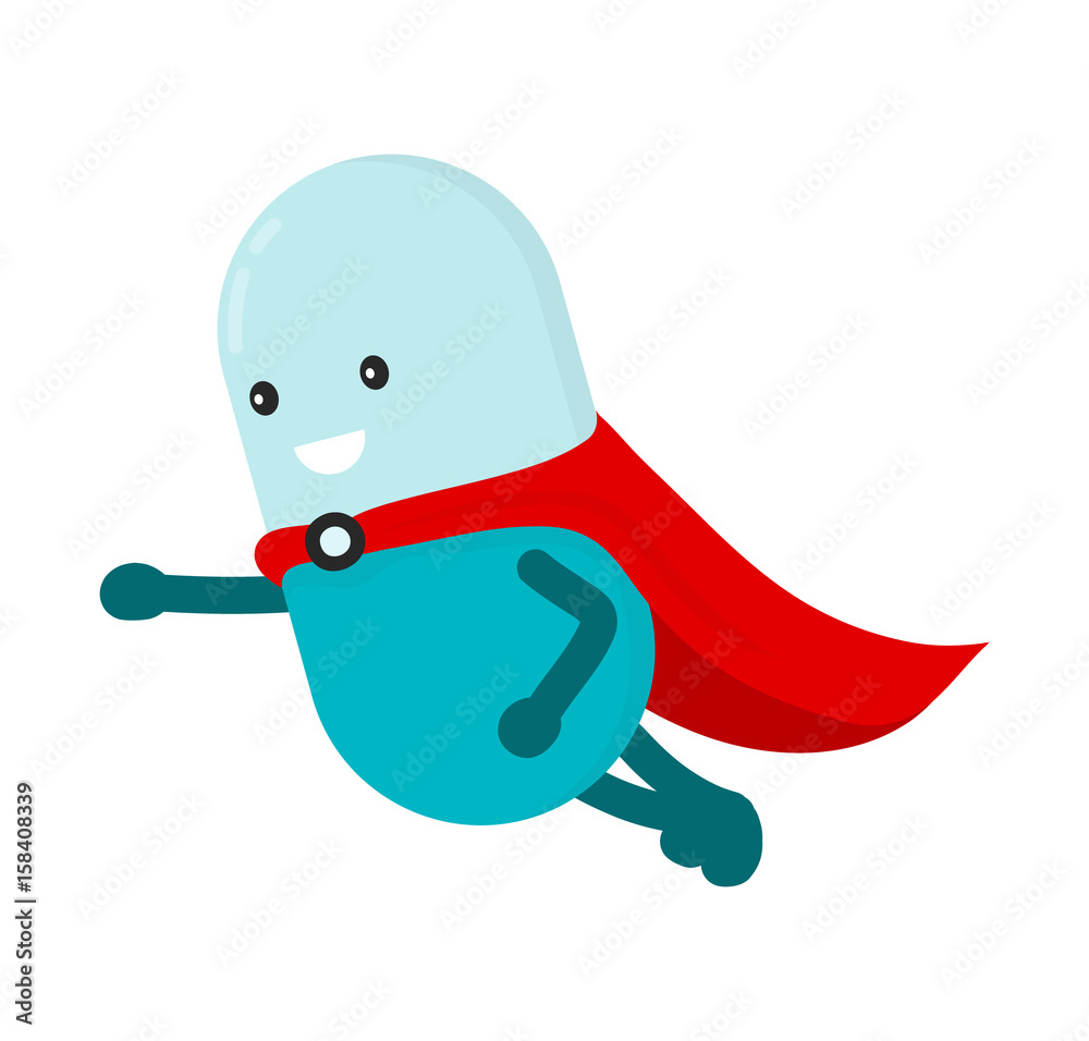 Pill character super-hero flying. Isolated on white background. Vector ...