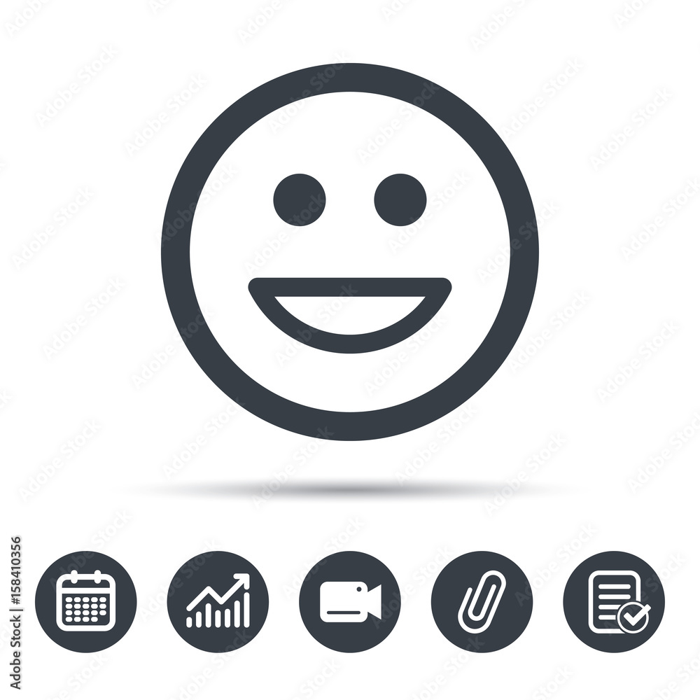 Happy smile icon. Smiley laugh emoticon symbol. Calendar, chart and ...
