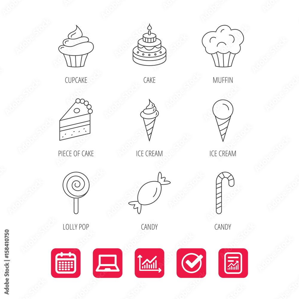 Cake, candy and muffin icons. Cupcake, ice cream and lolly pop linear ...