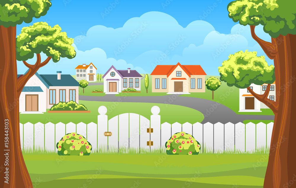 Outdoor backyard background cartoon vector illustration. Home sunny ...
