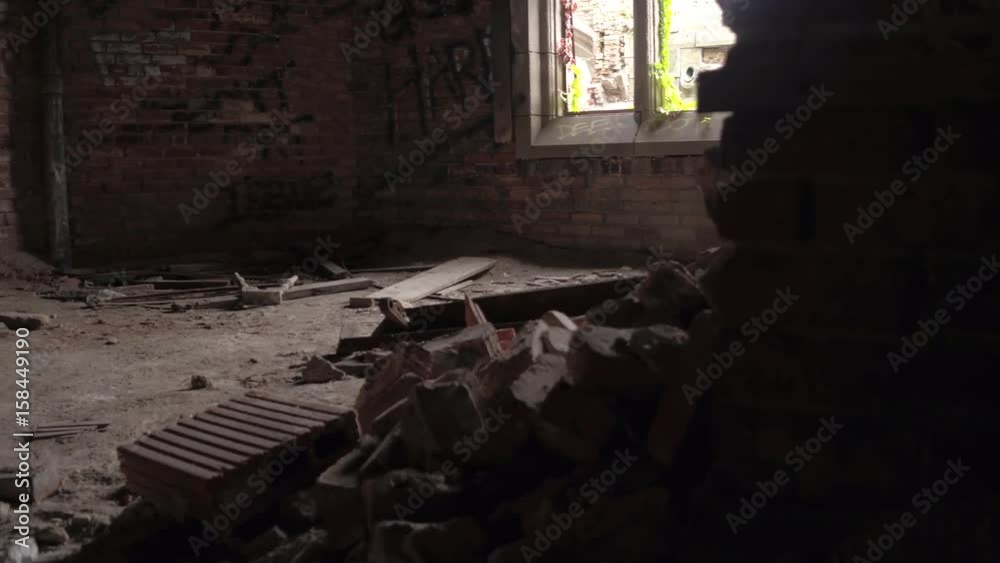 FPV, CLOSE UP: Urbexing old decaying abandoned hotel, walking across ...