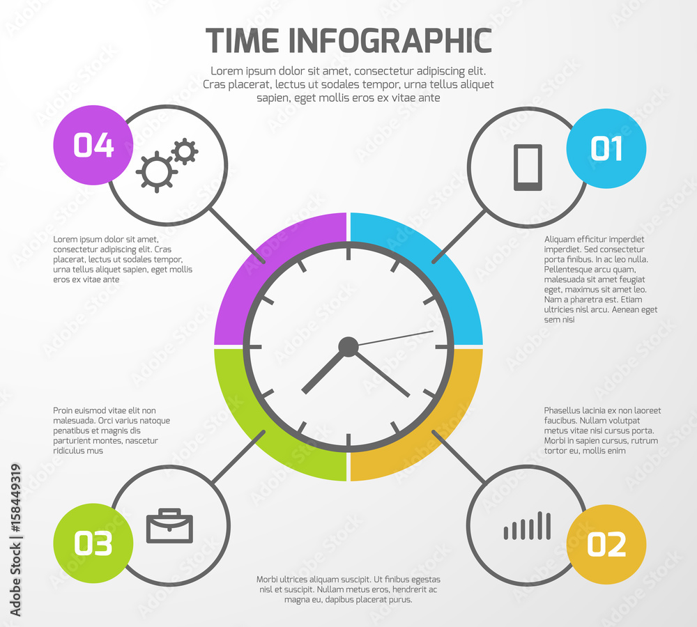 Presentation vector background with time management infographic, clock ...