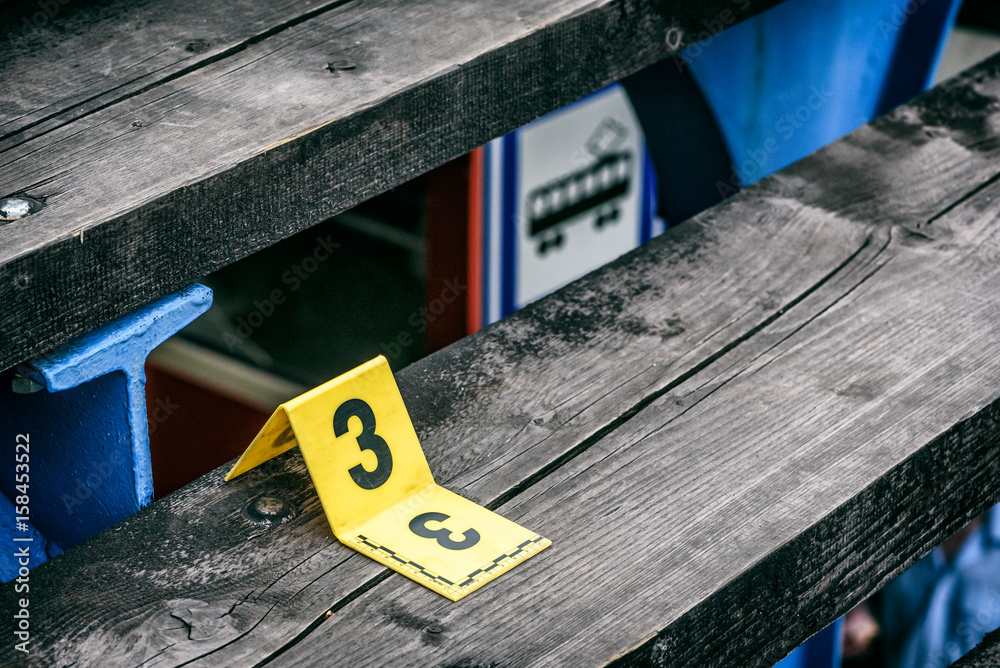 Crime scene investigation, crime scene marker on wood stairs Stock ...