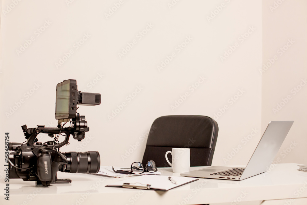 Shot og the office room. Camera standing on the table in front of a ...