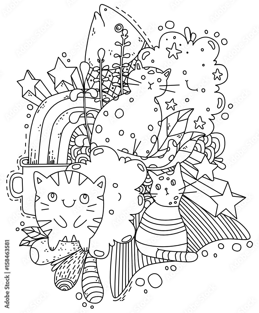 Cats coloring doodle Stock Vector | Adobe Stock