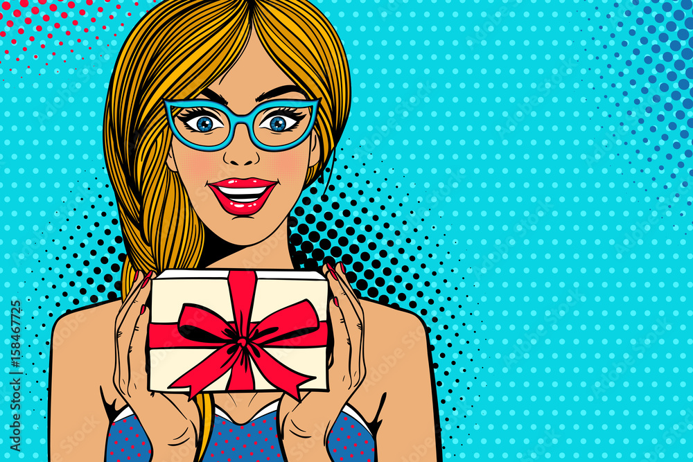 Wow Pop Art Face Young Sexy Surprised Blonde Woman In Glasses With