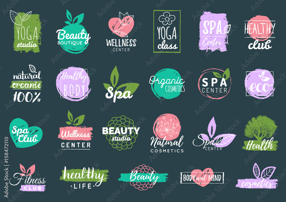 Vector health and beauty care labels. Spa, yoga centers badges ...