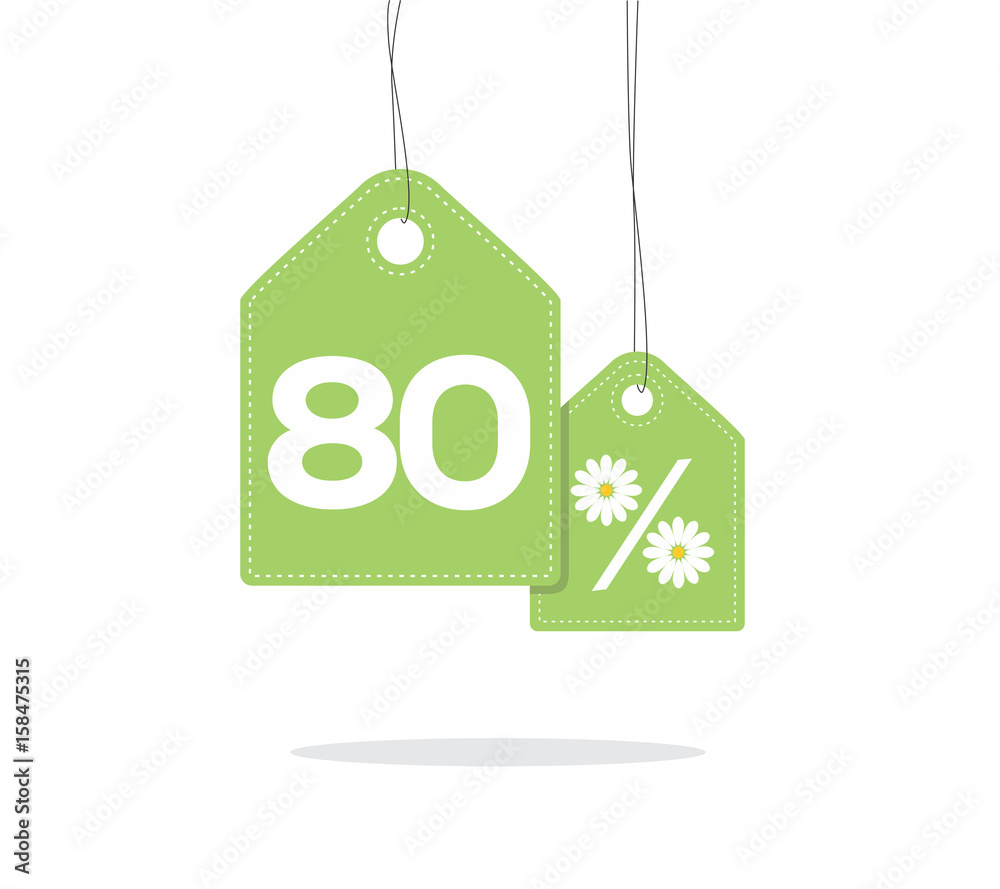 Vecteur Stock Green hanging price tag labels with 80% and a daisy ...