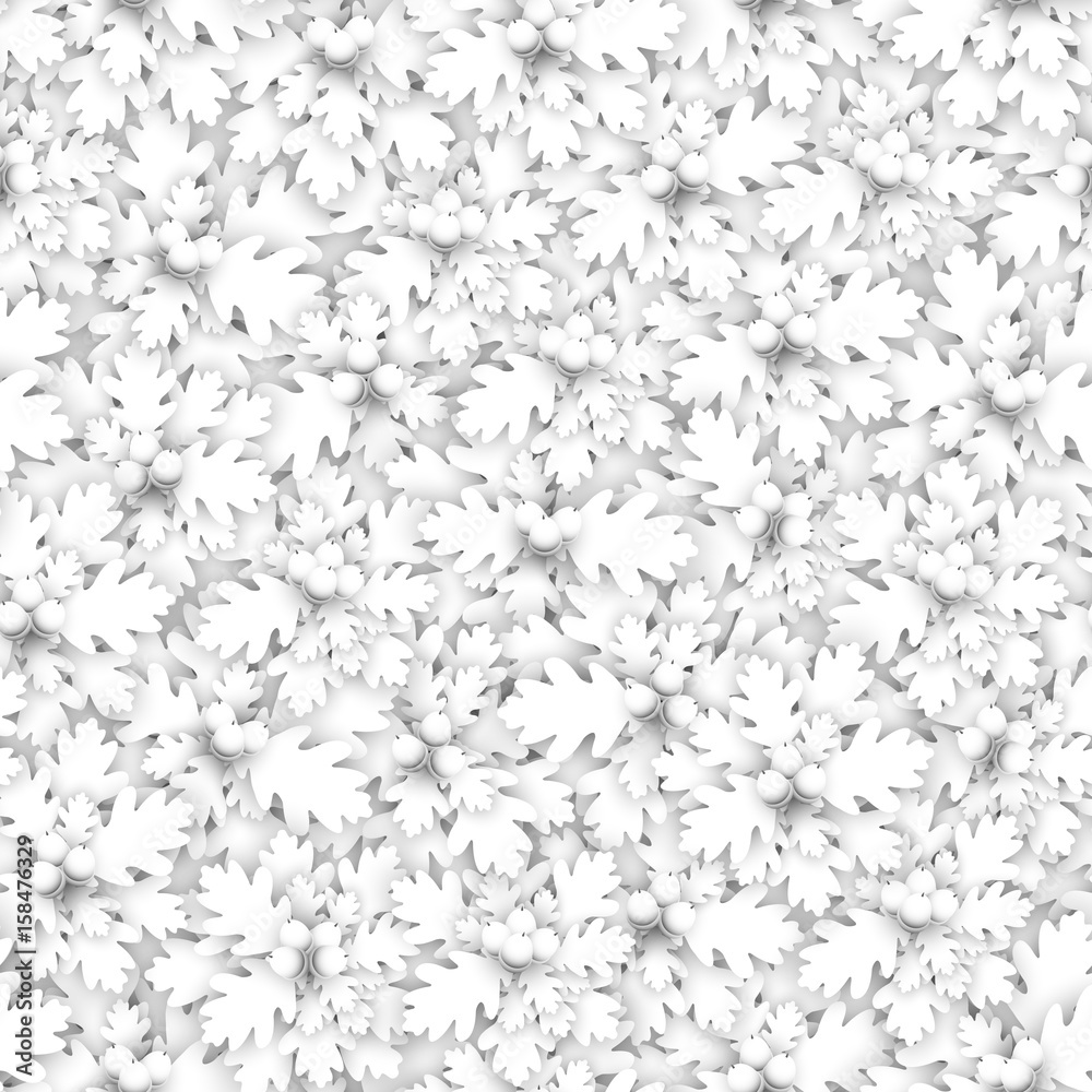 Oak leaves rosettes with acorns as a white texture. 3D vector ...