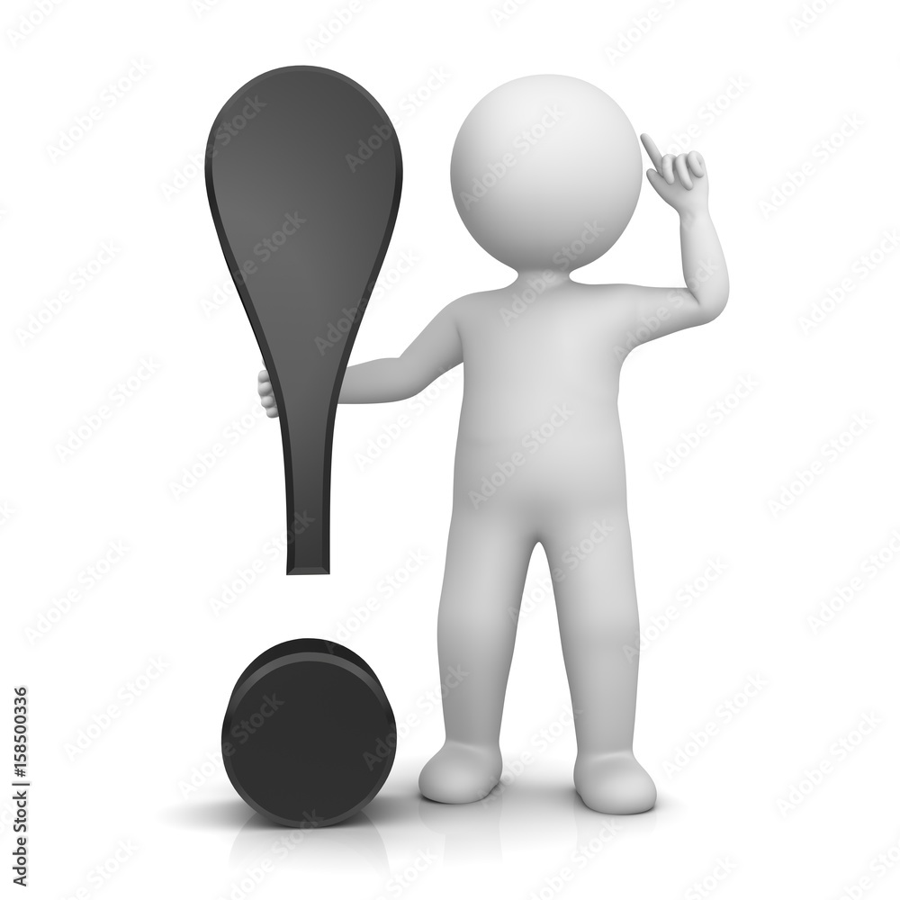 exclamation point exclamation mark black 3d with standing stick man ...