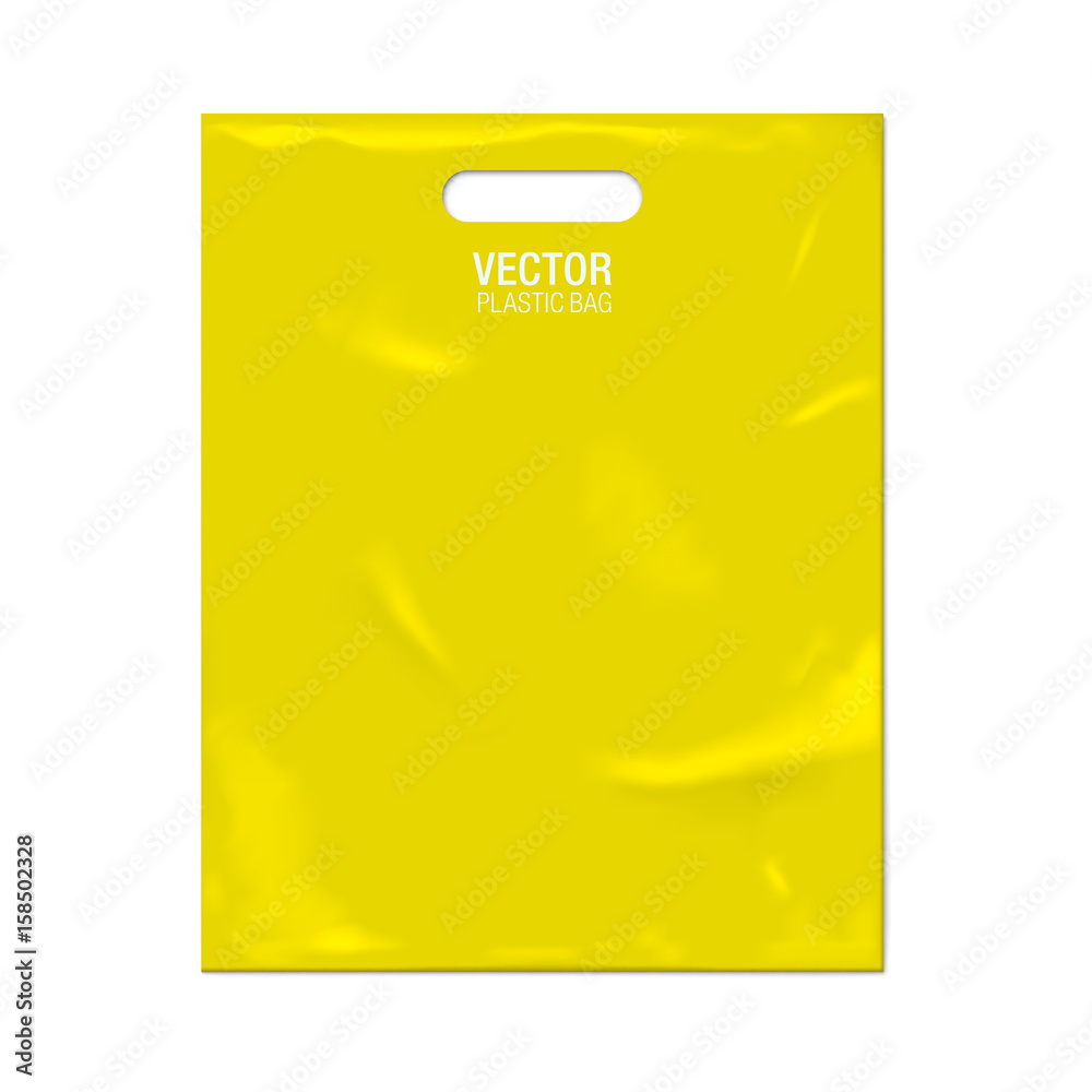 Vector plastic bag template isolated on background. Yellow plastic bag ...