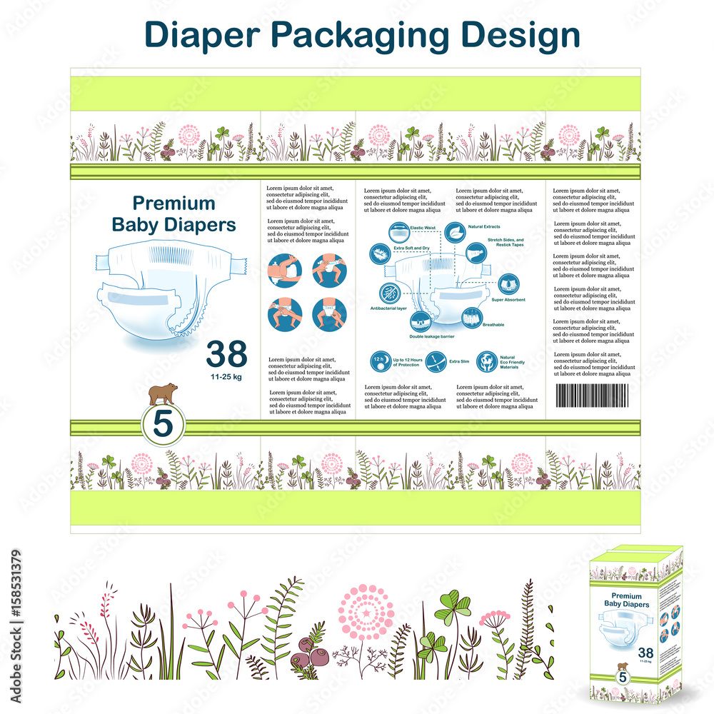 Diaper packaging design elements in doodle forest style. Nappy pakaging ...