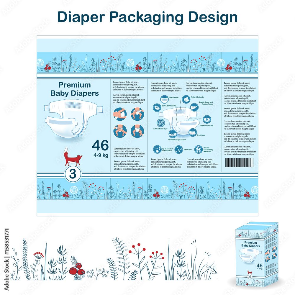 Diaper packaging design elements in doodle forest style. Nappy pakaging ...