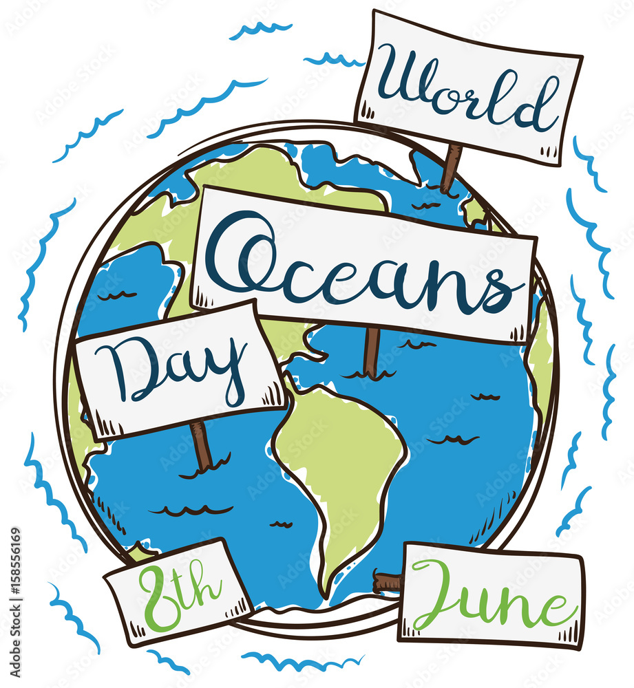Earth with Signs in Hand Drawn Style for Oceans Day, Vector ...