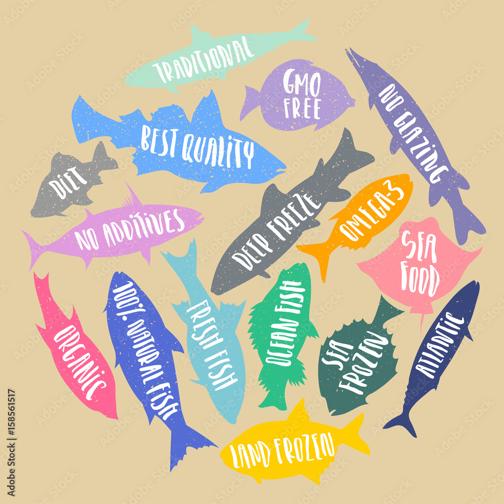 Vector set of stylized fish with handwritten lettering in the form of ...