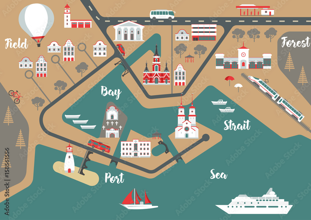 Vector scheme of nonexistent flat seaside town with various buildings ...