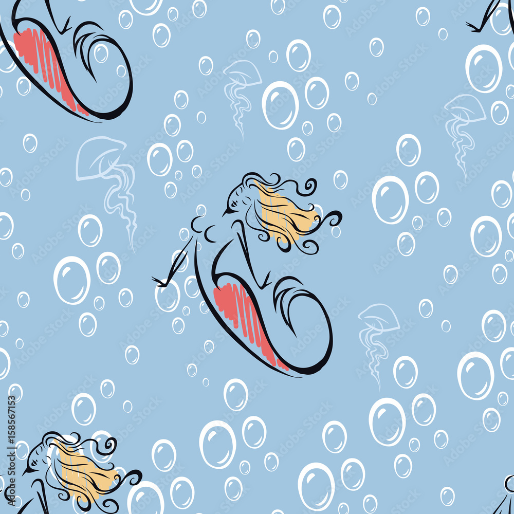 Seamless cartoon marine background with sea creatures mermaids Stock ...