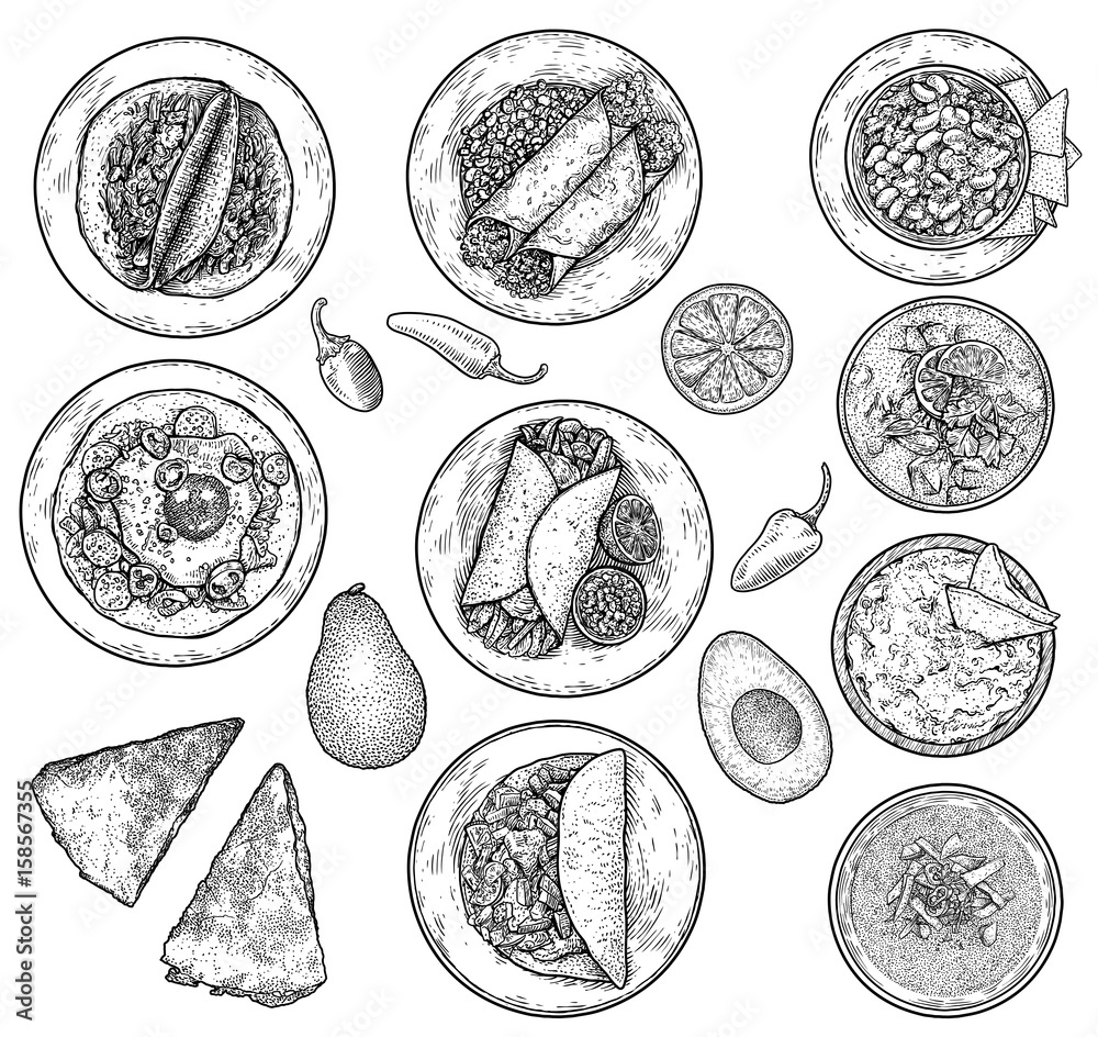 Mexican food illustration, drawing, engraving, ink, line art, vector ...