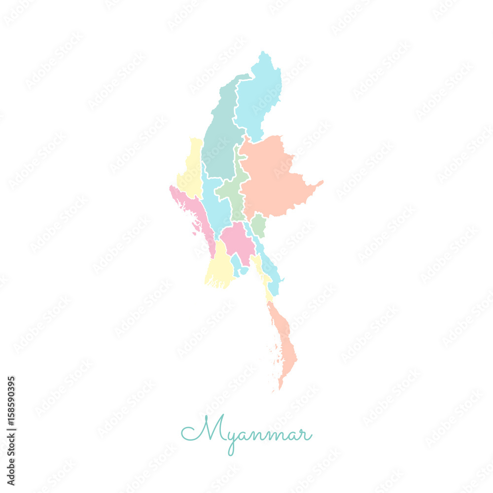 Myanmar region map: colorful with white outline. Detailed map of ...