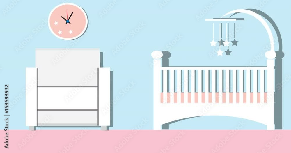 Baby room cartoon animation. Nursery room interior with Mobile and ...