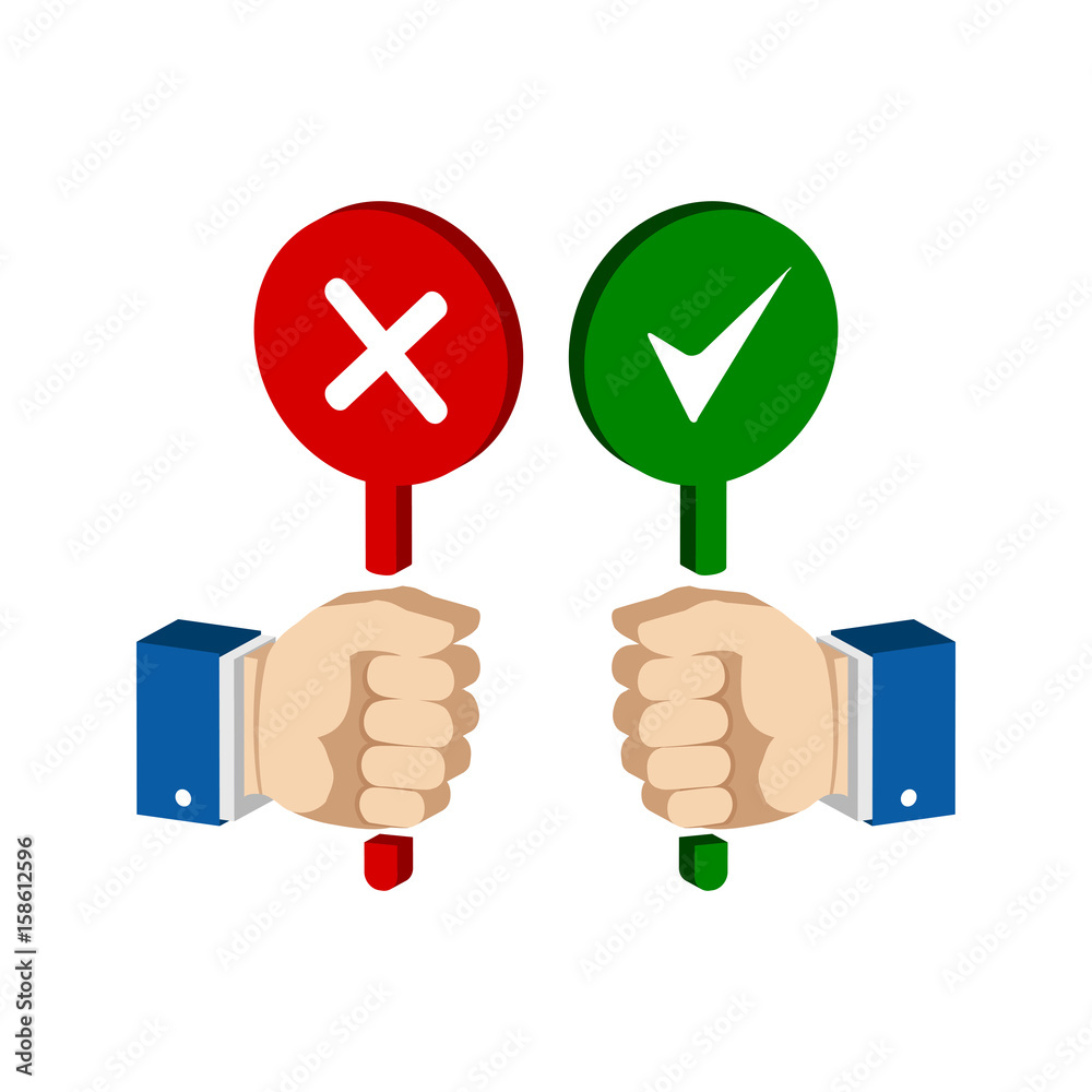 Hands with false and true signs. Flat Isometric Icon or Logo. 3D Style ...